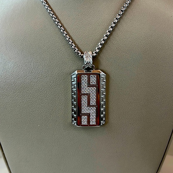 Other | Mens Stainless Steel Cz Dog Tag Pendant Necklace With 24 Round ...